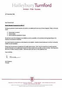 severe weather letter - Haileybury Turnford
