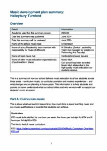 School music development plan summary 2024 - Haileybury Turnford