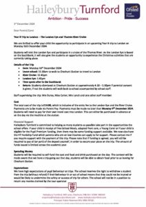 London Eye and River Cruise Letter Dec 2024 - Haileybury Turnford